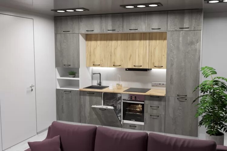 Кухонный гарнитур Герда Сапфир 2 3000 мм, каркас ЛДСП, фасад ЛДСП, Белый/Дуб золотой/Бетон темный