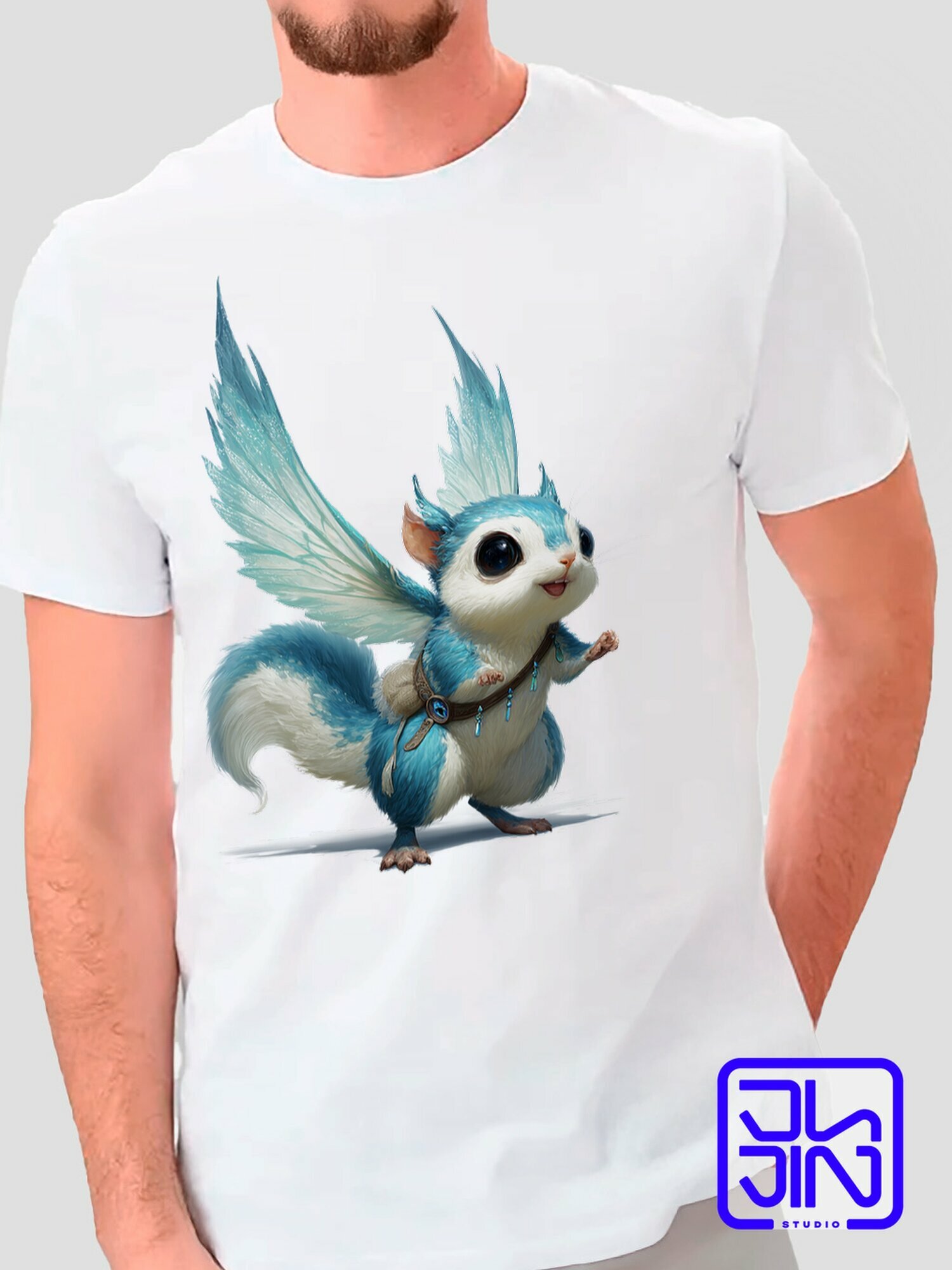 Футболка классическая мужская с авторским принтом Голубая, белая белка аниме с крыльями в необычном фэнтези стиле, белый хлопковый трикотаж с прикольным рисунком на груди