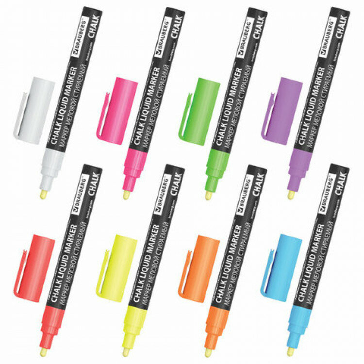 Маркеры меловые CHALK LIQUID MARKER, неон, набор 8 цветов, 3 мм, стираемые, BRAUBERG "CHALK", 152597