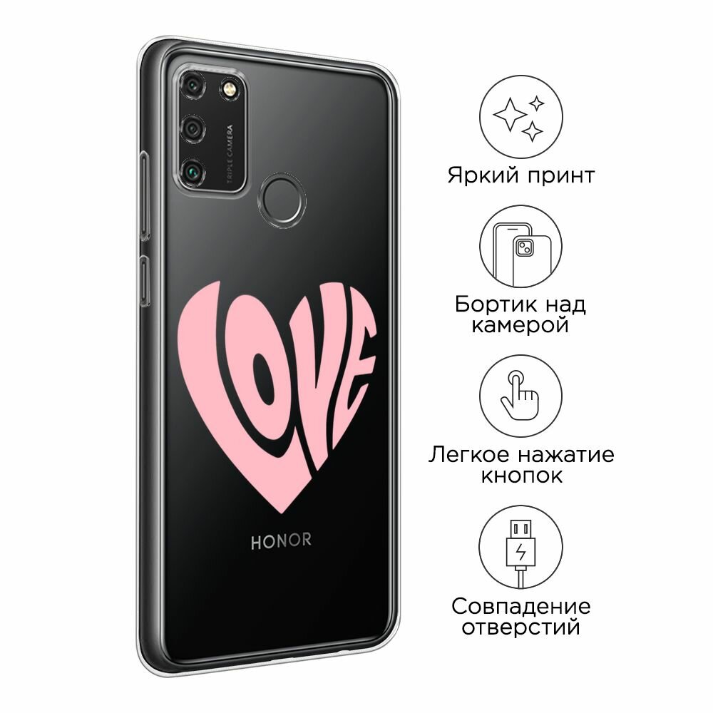 Чехол на Honor 9A / Хонор 9А с принтом "Love heart 3 - 14 февраля", прозрачный — фото 1