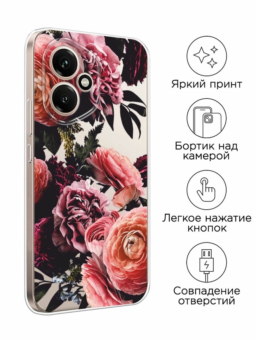 Чехол на Honor 400 / Хонор 400 с принтом "Бордовые винтажные цветы", прозрачный — фото 1