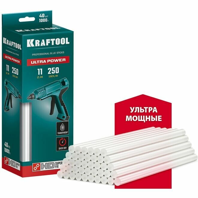 KRAFTOOL Ultra Power ультрамощные прозрачные клеевые стержни, d 11 x 250 мм (11-12 мм) 40 шт. 1 кг