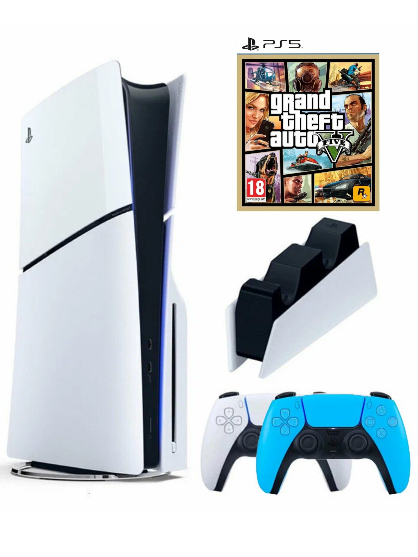 PS5 (ПС5) Игровая приставка Sony PlayStation 5 Slim + 2-й геймпад голубой + зарядное+ игра GTA5
