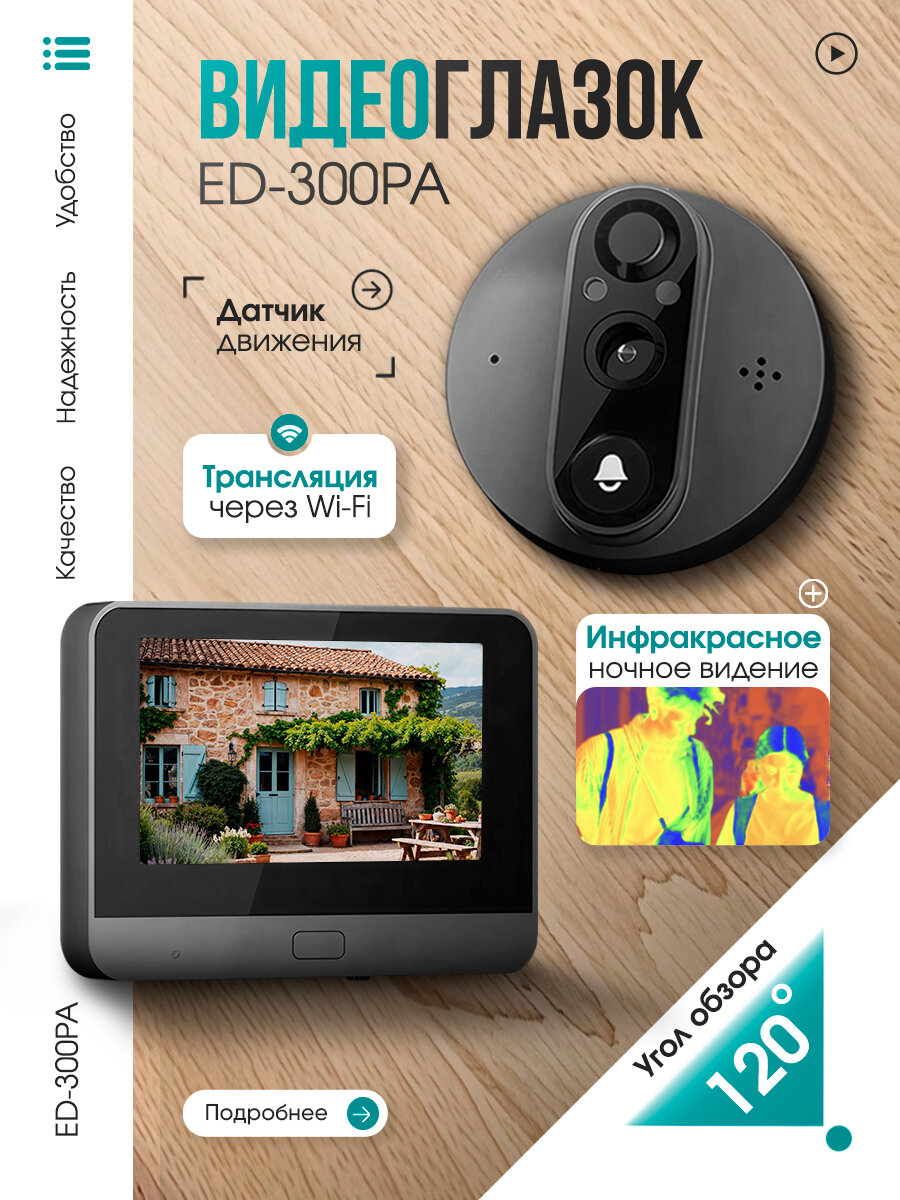Видеоглазок Wi-Fi ED-300PA (с датчиком движения, Night Vision, Tyua SMART, Smart Life)