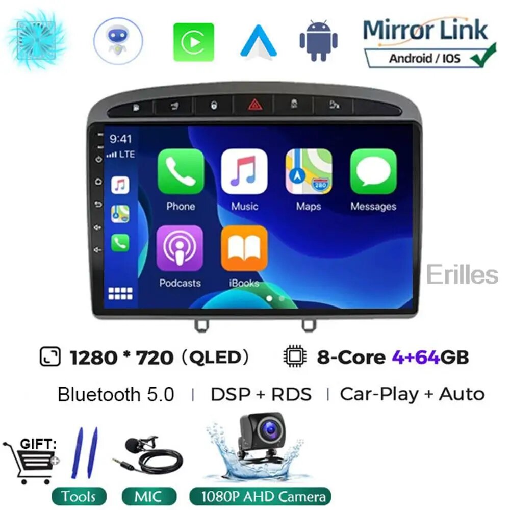 Автомагнитола на Android 13, мультимедийный проигрыватель с GPS, RDS, DSP для Peugeot 408, для Peugeot 308, 308SW, 2din, android, автомобильный проигрыватель без DVD 4G-64G 1080P CAM