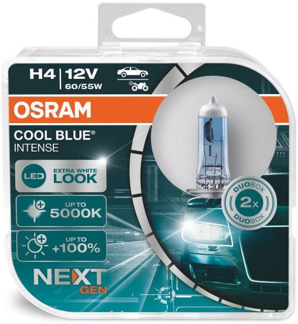 Лампа автомобильная OSRAM H4 12V 60/55W COOL BLUE INTENSE 5000K +100% 64193CBN (2шт)