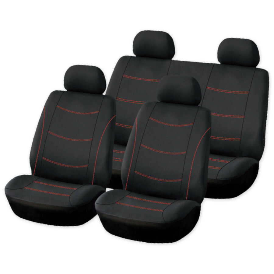 Чехлы на сиденья универсальные ARNEZI черные с красной строчкой (передние и задние сиденья, с подголовниками) (артикул A0508006)