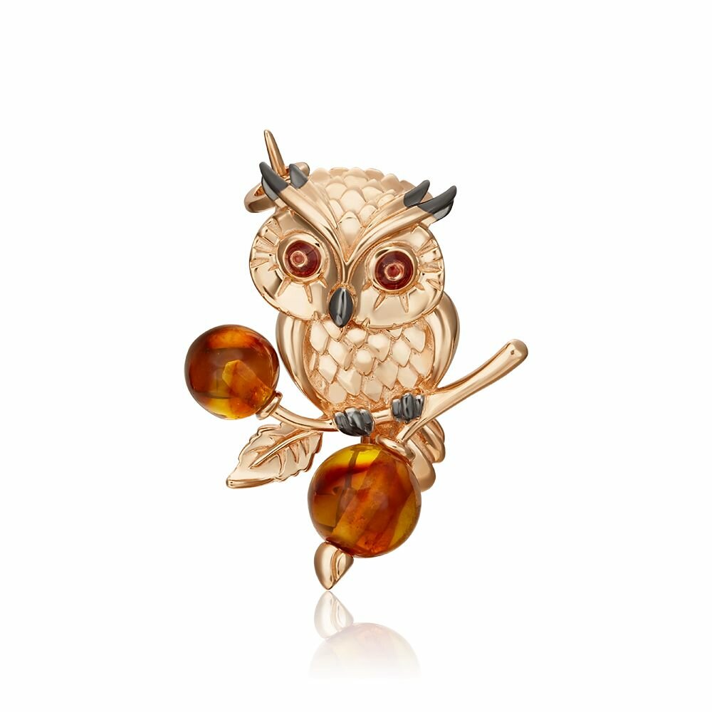 Брошь, красное золото, 585 проба, янтарь, эмаль