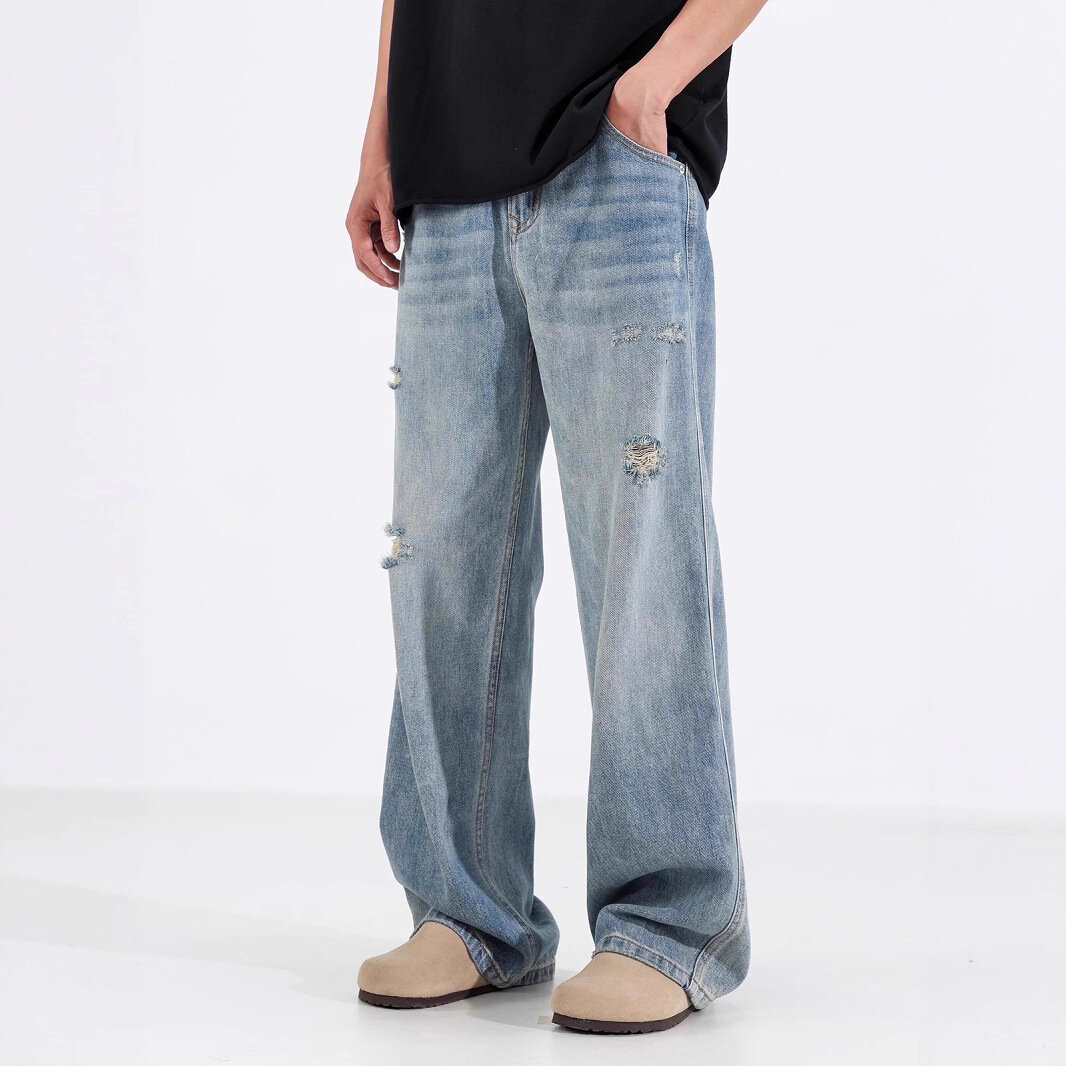 Мужские джинсы RONG CH Лето рваный широкий прямой повседневный брюки