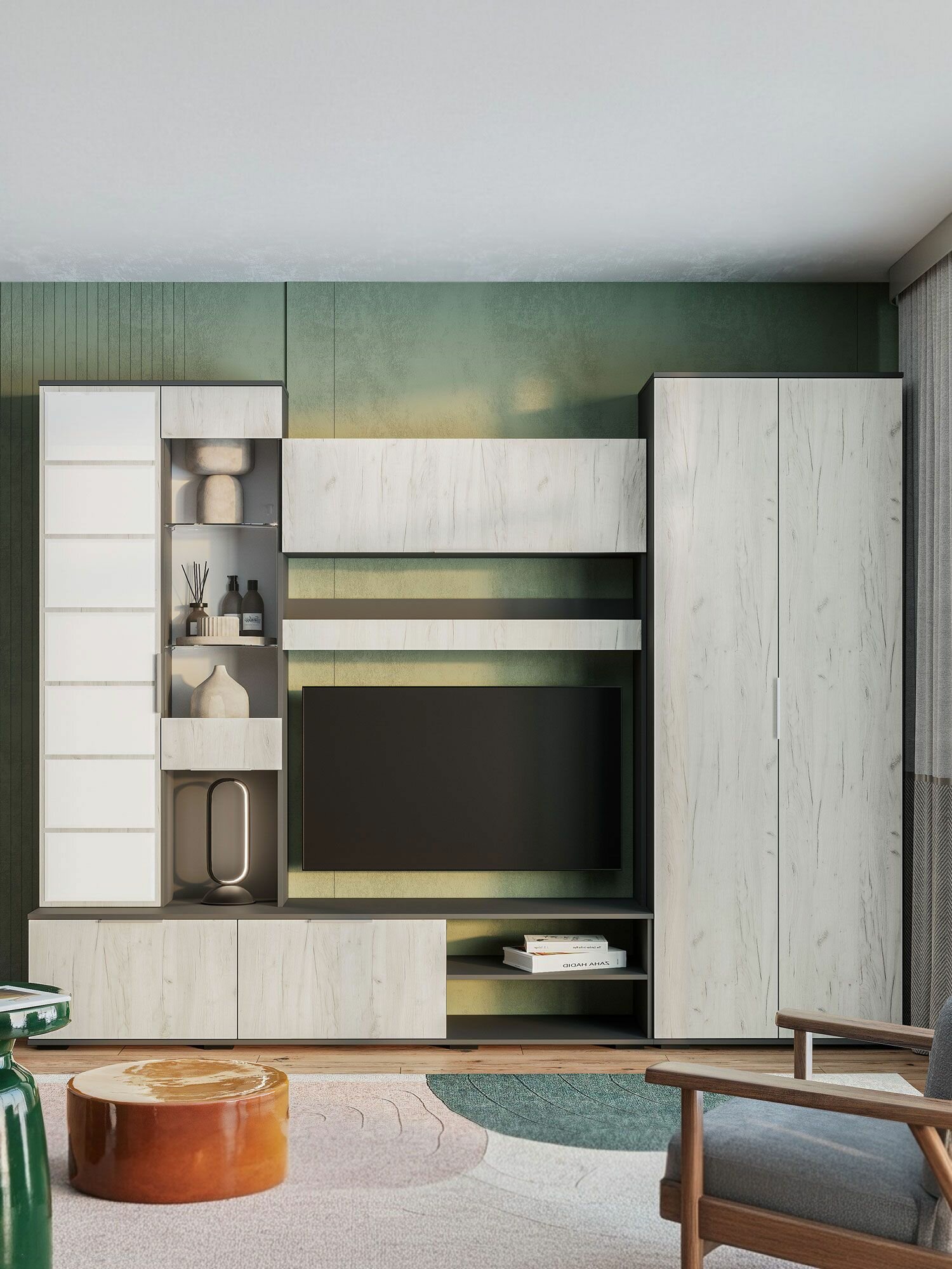 Гостиная комплект Плаза Комби с полками, со шкафом, 280.6х46х217.6 см, Графит, ЛДСП / Дуб крафт белый, ЛДСП / Стекло