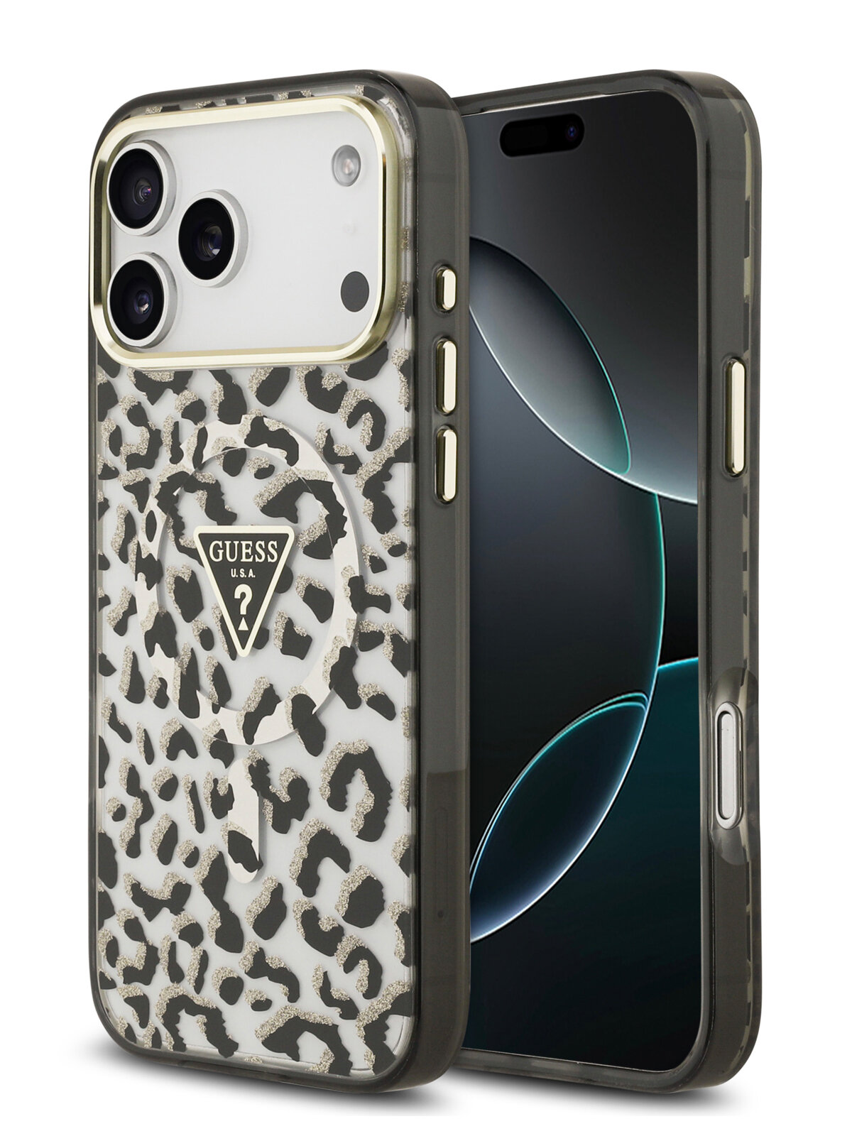 Чехол Guess на iPhone 17 Pro Max, с магнитами MagSafe, с принтом IML Leopard, с бортиком вокруг камеры, черный