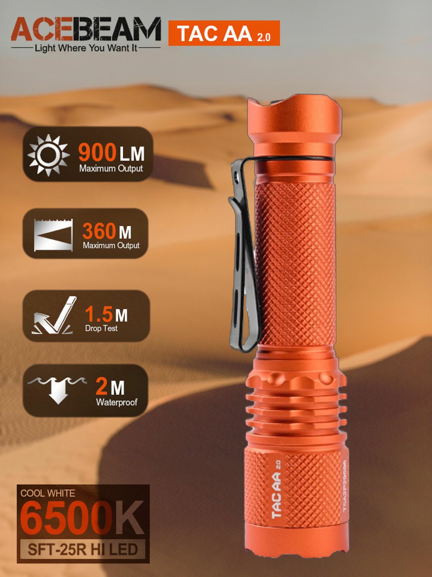 Фонарь Acebeam TAC AA 2.0, SFT-25R LED 6500K,900 люмен