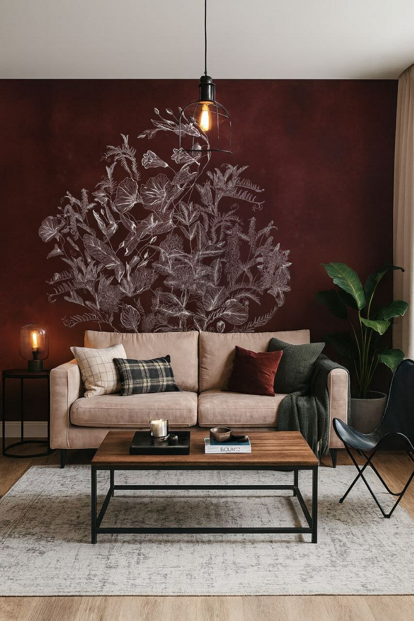 Обои бесшовные "Луговая нежность" бордовый №9 (ширина 3100мм х длина 2500мм)