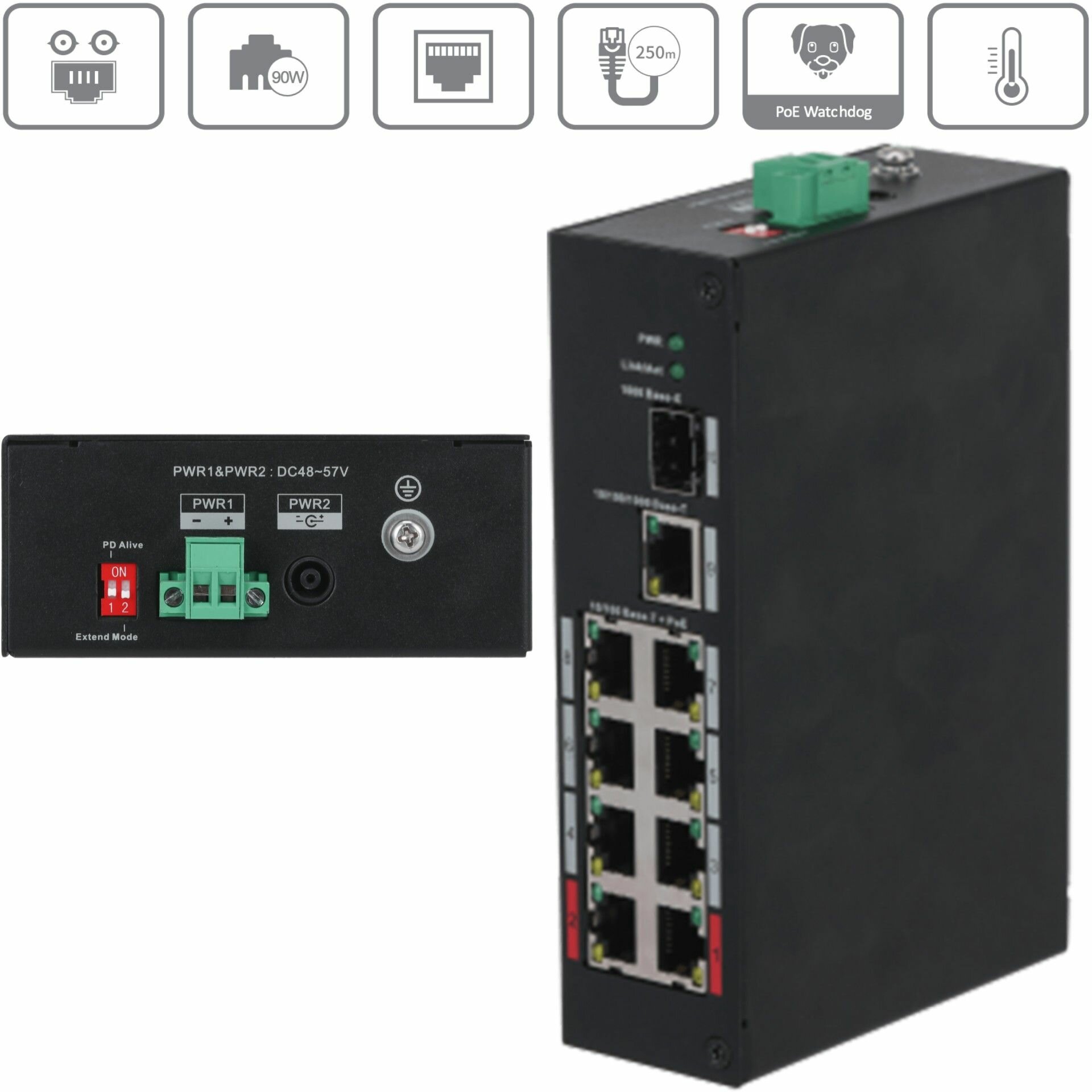 Коммутатор сетевой Dahua DH-PFS3110-8ET-96 8 портовый неуправляемый с РОЕ уличное исполнение