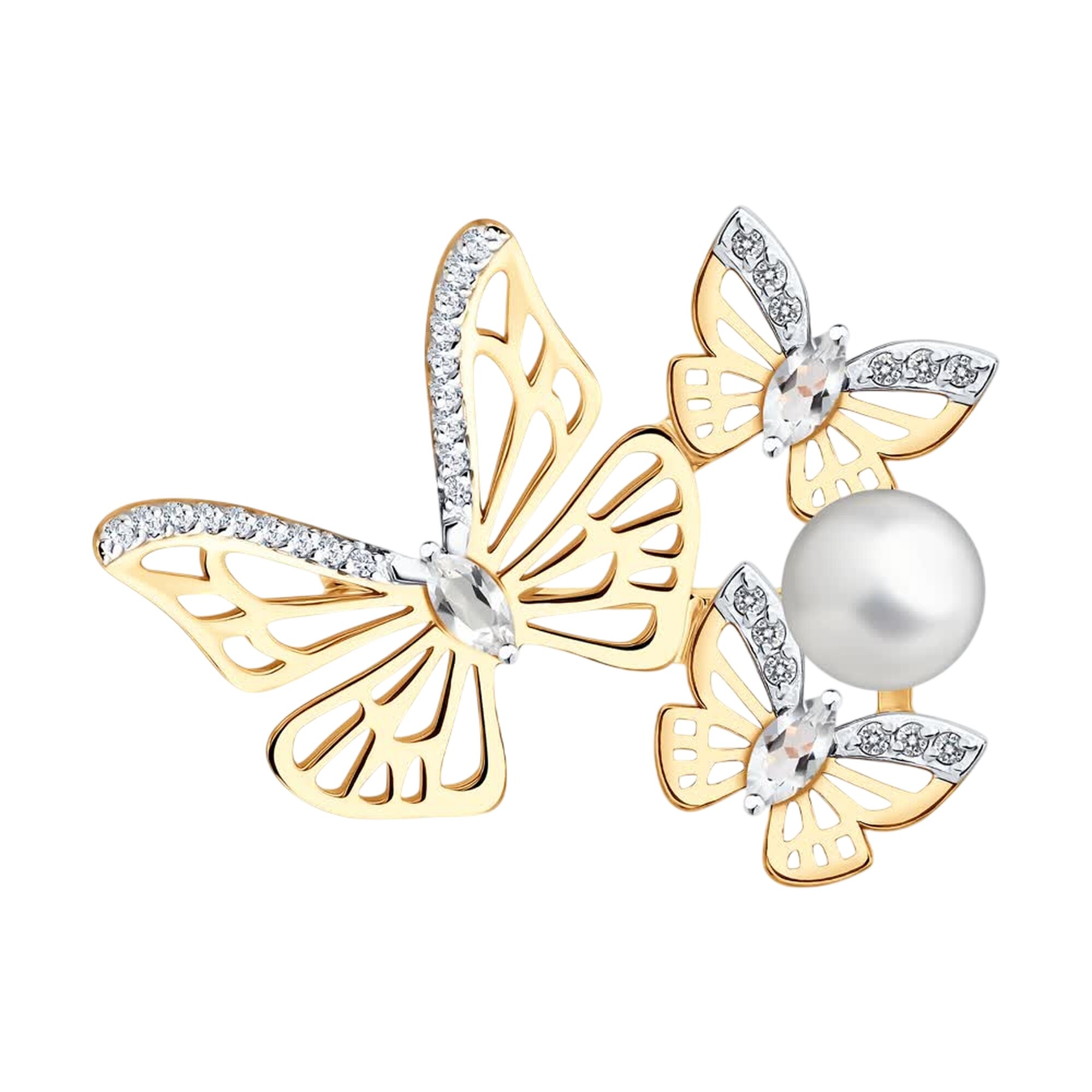 Брошь, красное золото, 585 проба, жемчуг, фианит, горный хрусталь