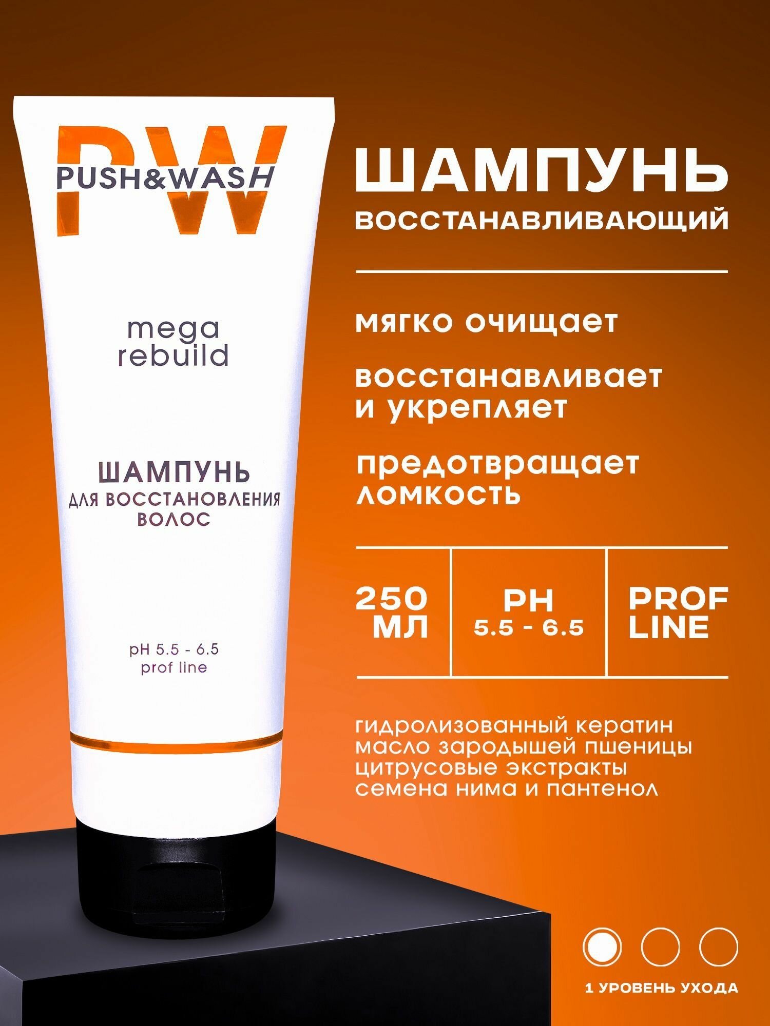 PUSH&WASH Шампунь для восстановления волос Mega Rebuild, 250 мл