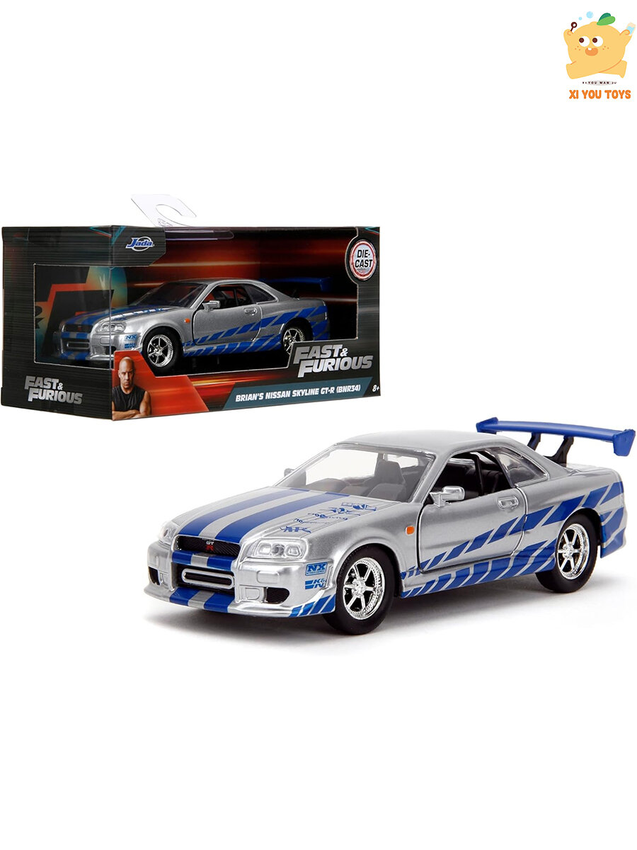 Jada Toys Fast & Furious Brian's Nissan Skyline GT-R (BNR34) / Игрушечный Автомобиль Ниссан Скайлайн GT-R Брайана Форсажа (R34), Подходящий Для Детей В Возрасте От 8 Лет И Старше.