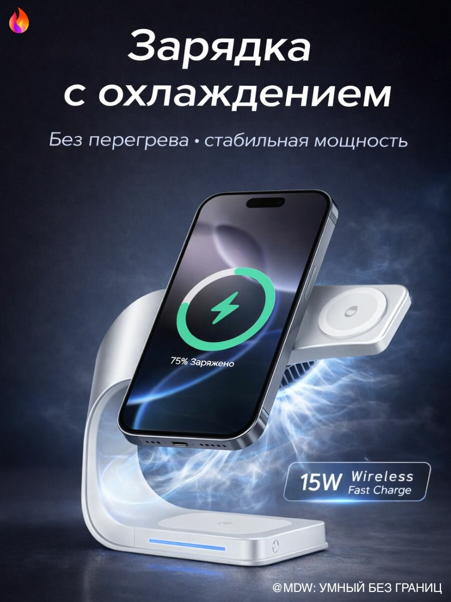 Беспроводная зарядная станция 3 в 1 с охлаждением 15W MagSafe для iPhone Apple Watch AirPods для дома и офиса