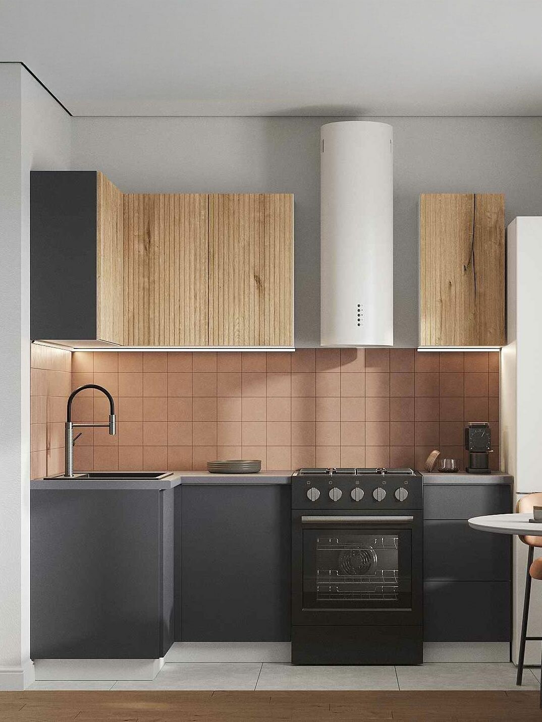 Кухонный гарнитур угловой Комби 2.1х1 м, мебель для дома и кухни, Белый / Дуб Торонто / Графит