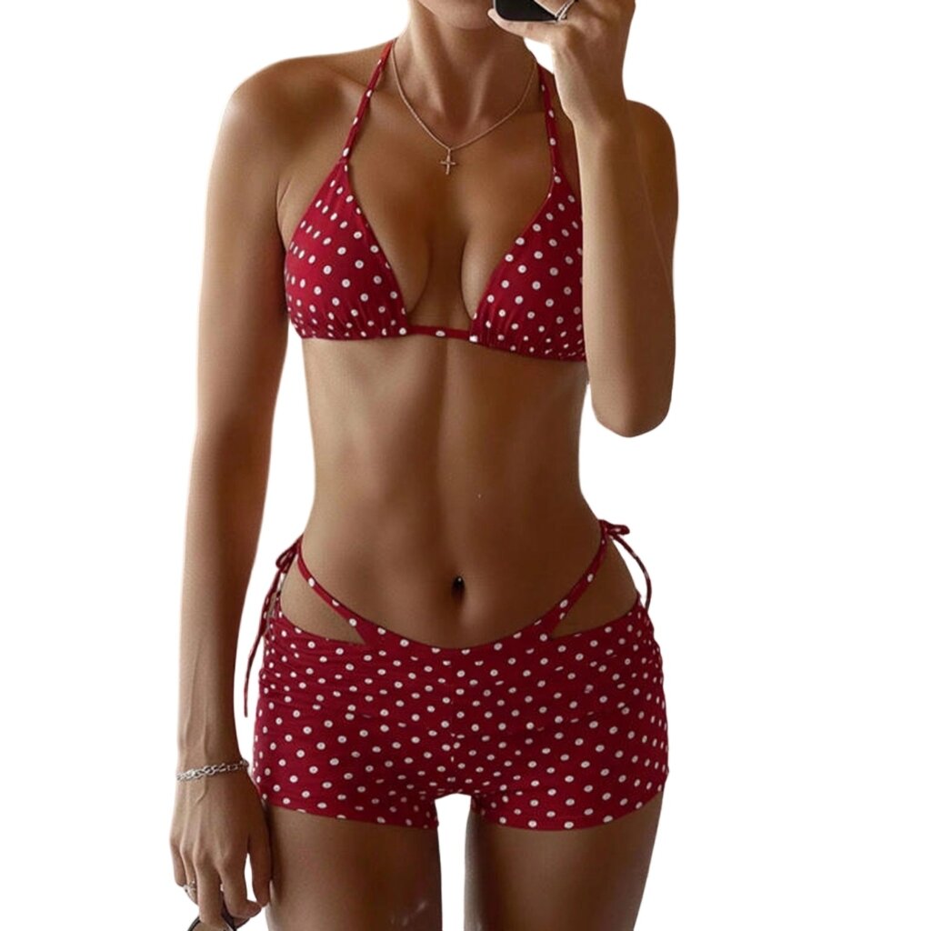 Женский комплект бикини на бретельках из 3 предметов, купальники в горошек с треугольными завязками, купальный костюм с пляжными шортами-маскировками