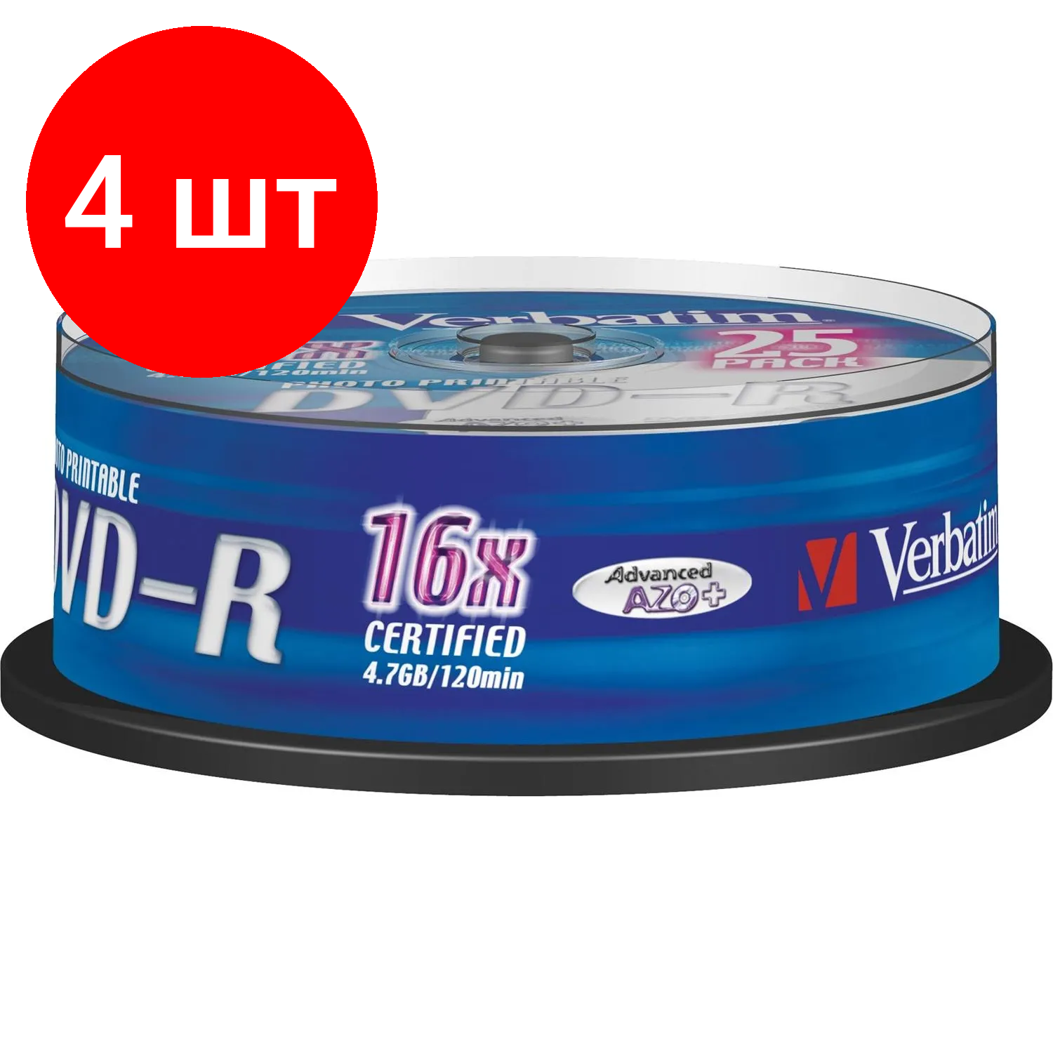 Комплект 4 упаковок, Носители информации DVD-R Printable, 16x, Verbatim Azo Wide, Cake/25, 43538