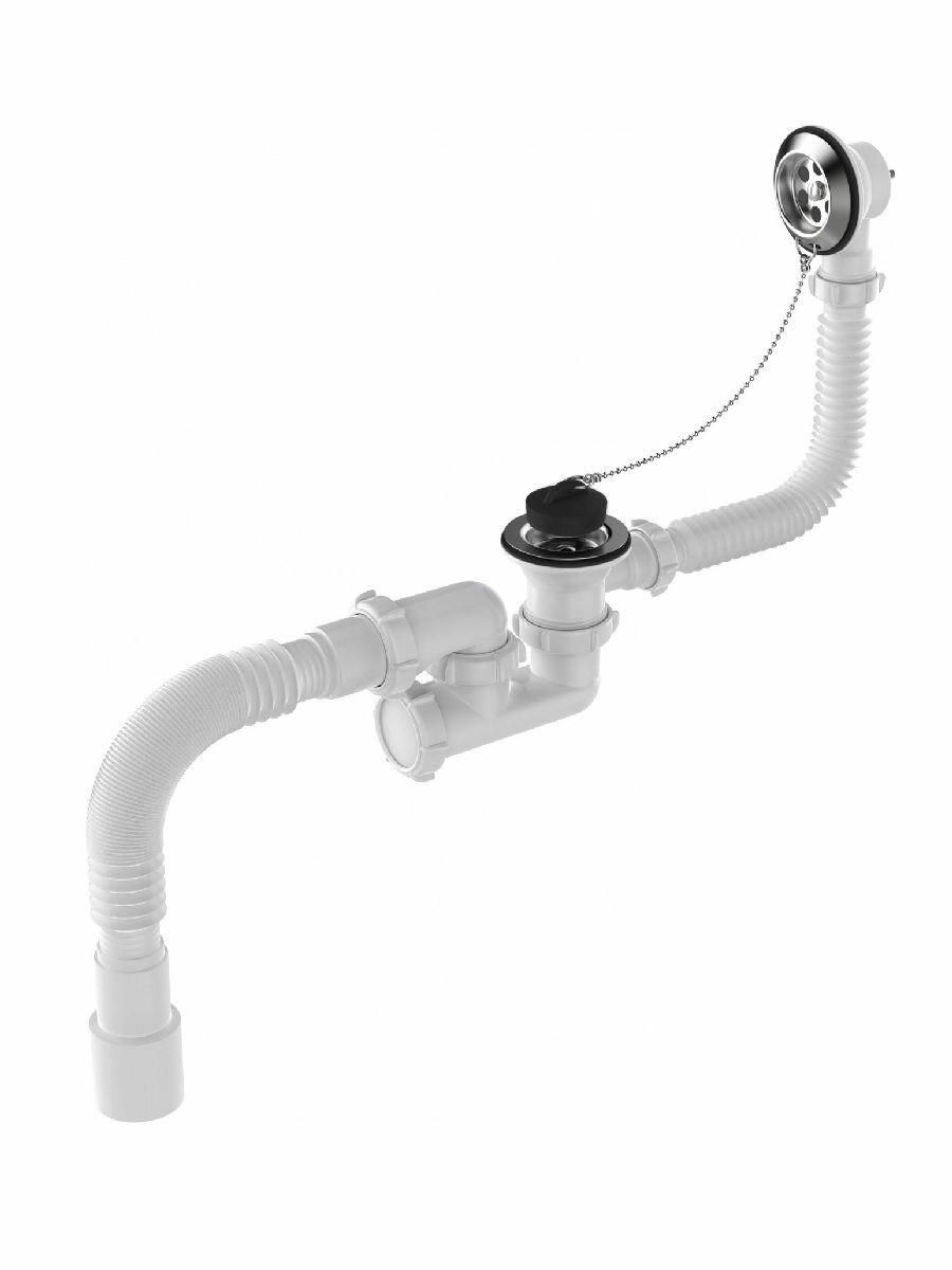 Сифон для ванны регулируемый, выпуск с металл решёткой Ø70мм, с выходом в канализацию 40х40/50мм, пробка на цепочке
