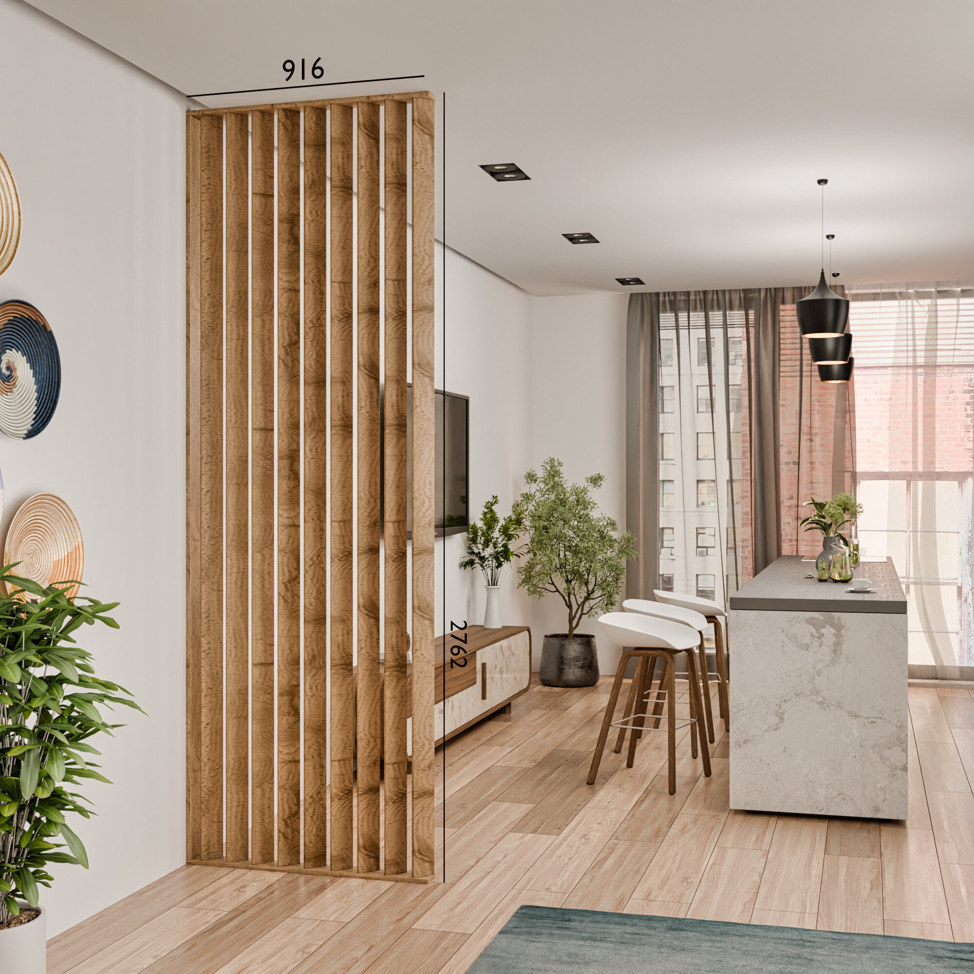 Реечная перегородка для зонирования пространства 92 см, дуб вотан