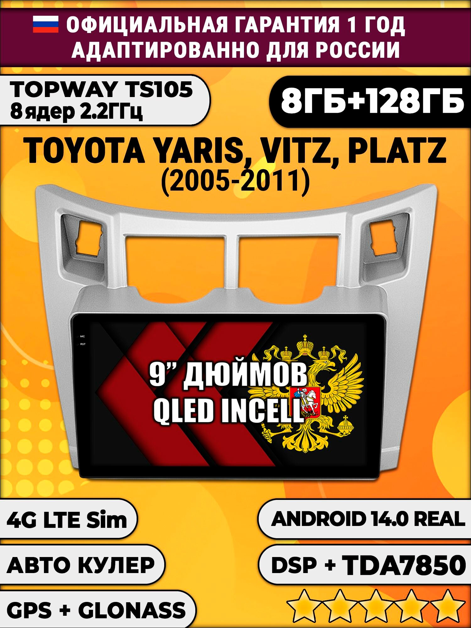 TS105, память 8/128гб для TOYOTA YARIS VITZ PLATZ - (2005-2011), Android магнитола, рамка серая
