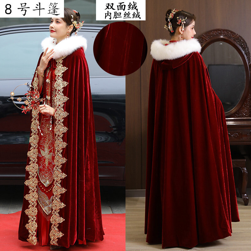 В наличии костюм Ханфу Сюхэ, утолщенный национальный стиль, красный китайский стиль, накидка с меховым воротником, свадебный шаль для невесты, зимний теплый