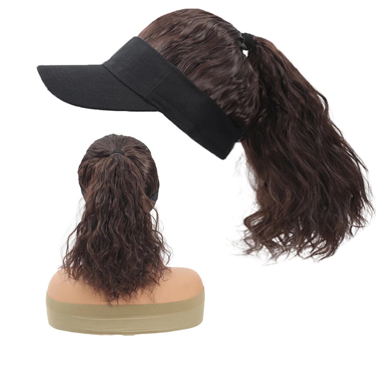 Черная шляпа с козырьком, парик, солнцезащитный, дышащий, парик с завитками, синтетическая шляпа, парик с хвостом 30 см 230 г