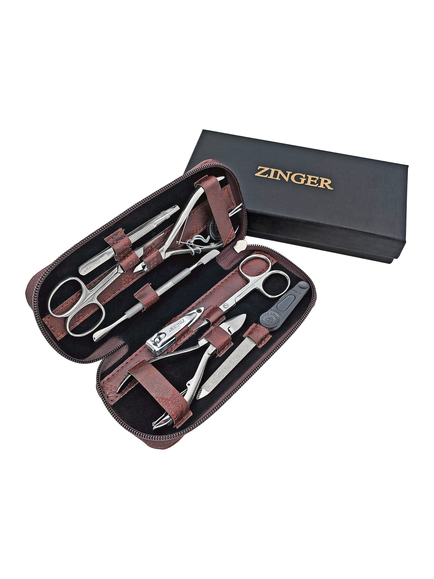 Маникюрный набор Zinger 7106, 8 предметов, медицинская сталь, серебристый/ темно-коричневый