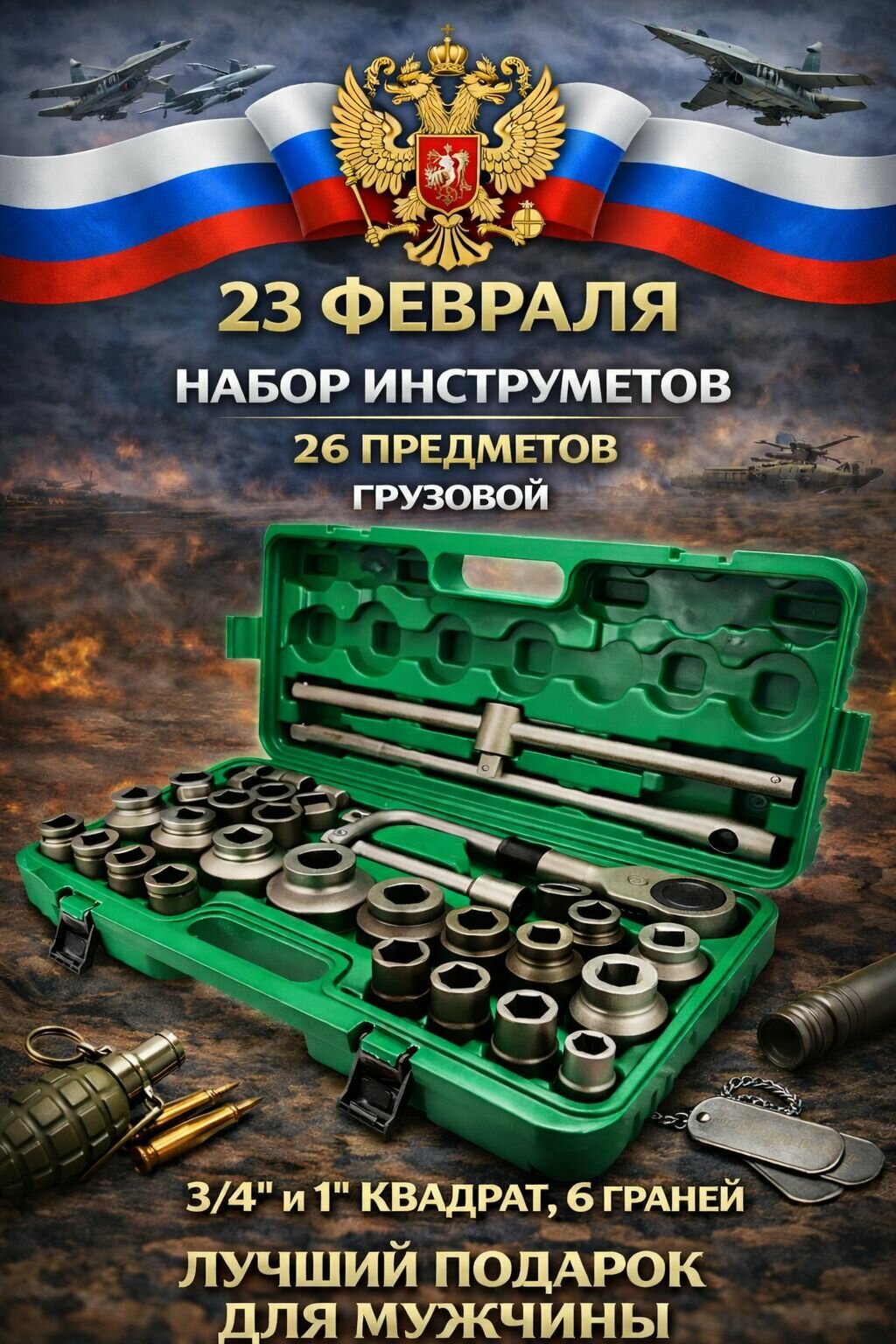 Набор инструментов 26 прeдметов грузовой на 3/4 и 1