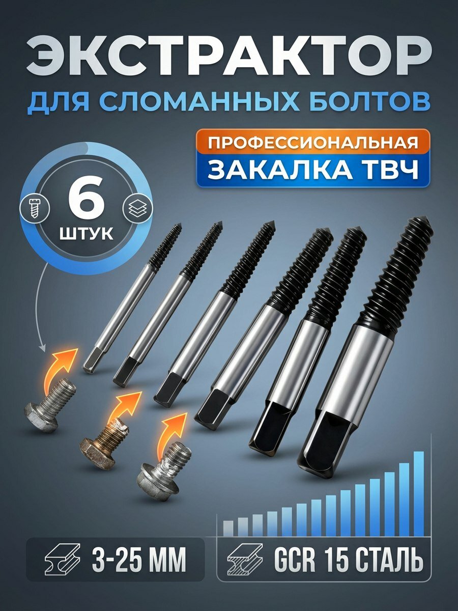 Экстрактор для извлечения сломанных болтов набор 6 шт. / Экстракторы для саморезов 6 - 25 мм