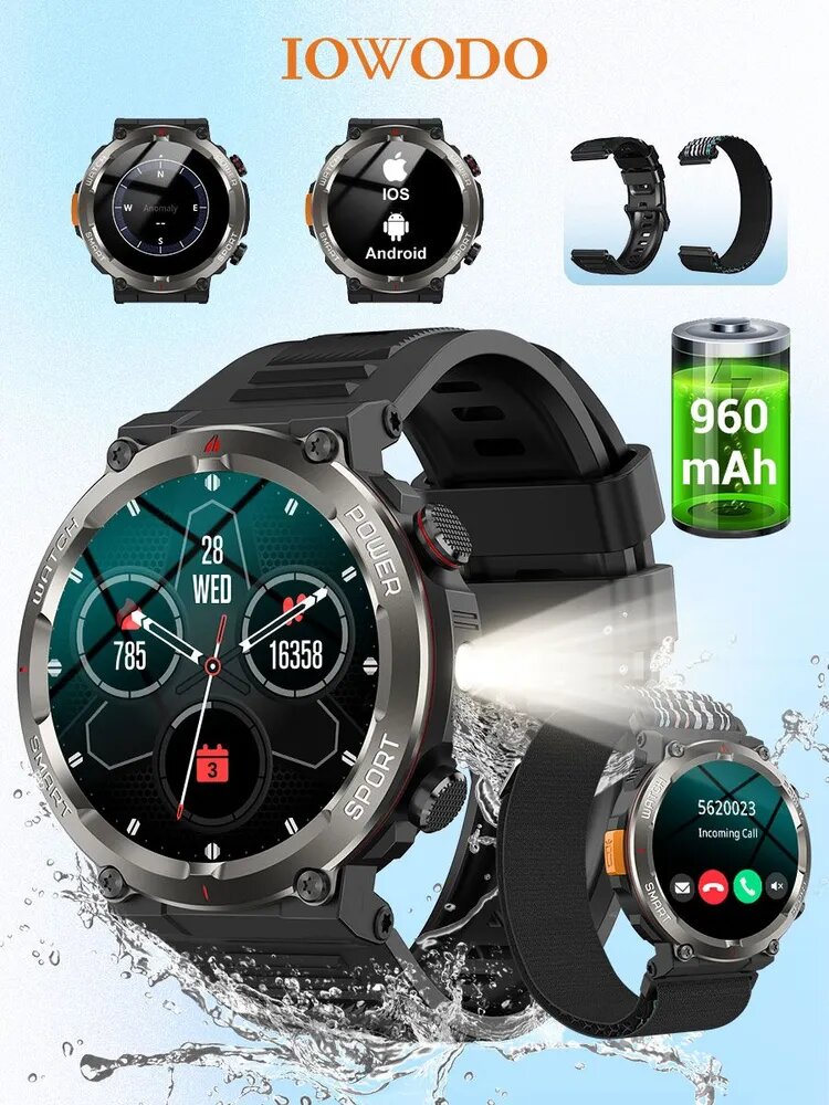 Смарт-часы Умные часы IOWODO для мужчин и женщин | Фитнес-часы 1.39 "с функцией Bluetooth / 24/7 Измерение пульса + SpO2 + анализ сна | 100 спортивных режимов и IP68 / Совместимость с iPhone Android | Черный, 37mm, черное