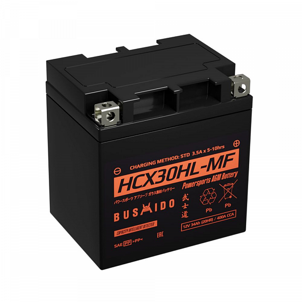 Аккумулятор мотоциклетный BUSHIDO мото HCX30HL-MF 34Ah 400A (156x127x175) YB30L-BS 166x127x175