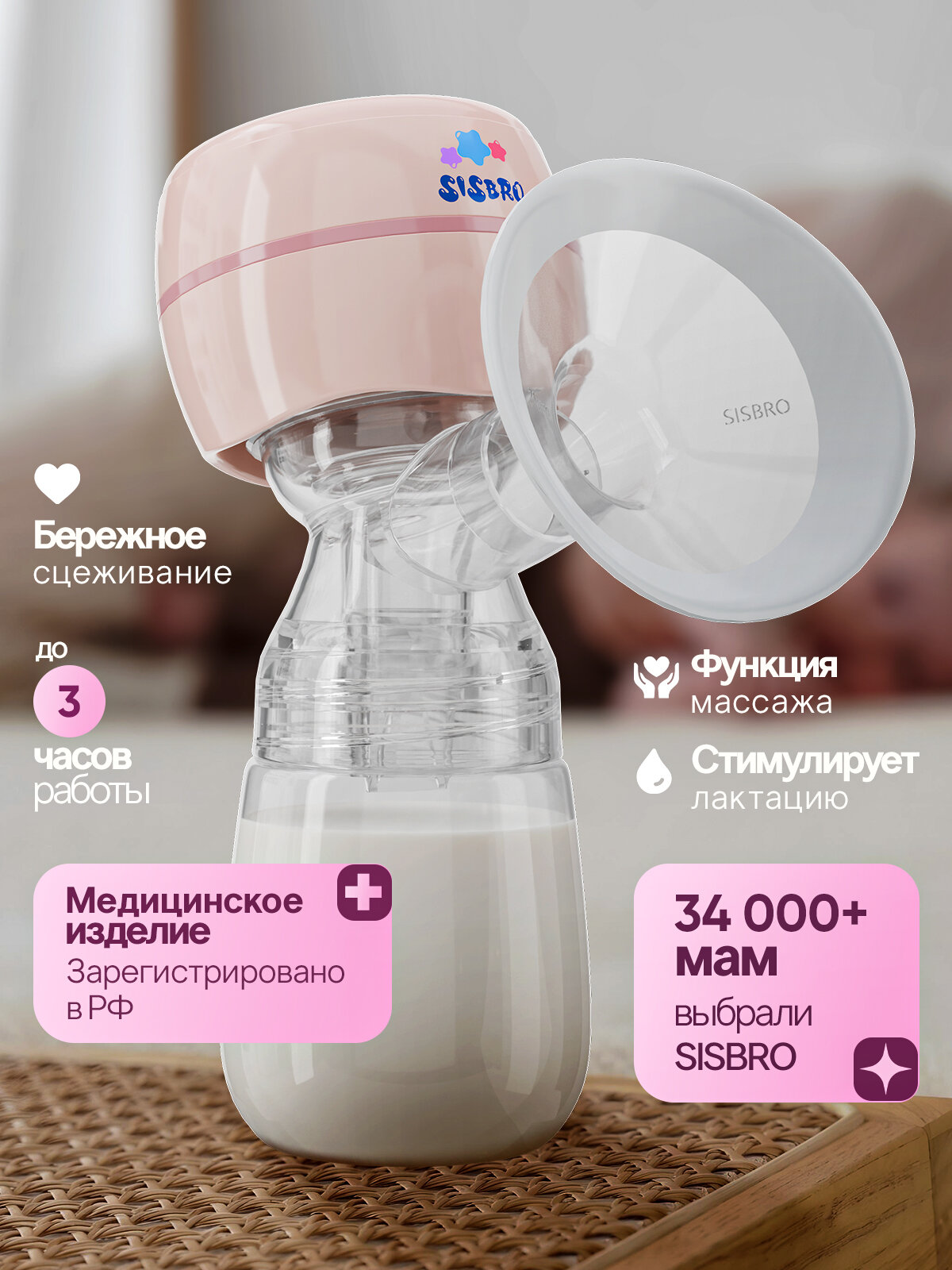 Молокоотсос электрический Sisbro, розовый, 3 режима, USB-зарядка