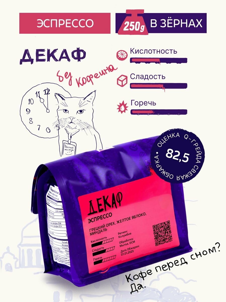 Кофе зерновой Декаф Колумбия (без кофеина) 250г эспрессо обжарка