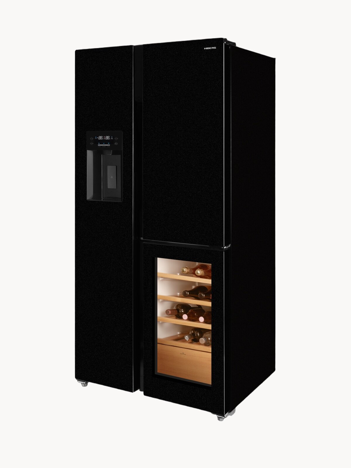 Холодильник HIBERG i-RFS 750G B, Side-by-Side, автоматический ледогенератор, объем 584 л, винное отделение, черное мерцающее стекло