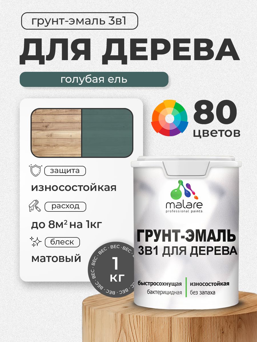 Акриловая Грунт-Эмаль 3 в 1 Malare для деревянных поверхностей/ краска по дереву с антисептическим эффектом/ быстросохнущая моющаяся без запаха матовая, голубая ель, 1 кг