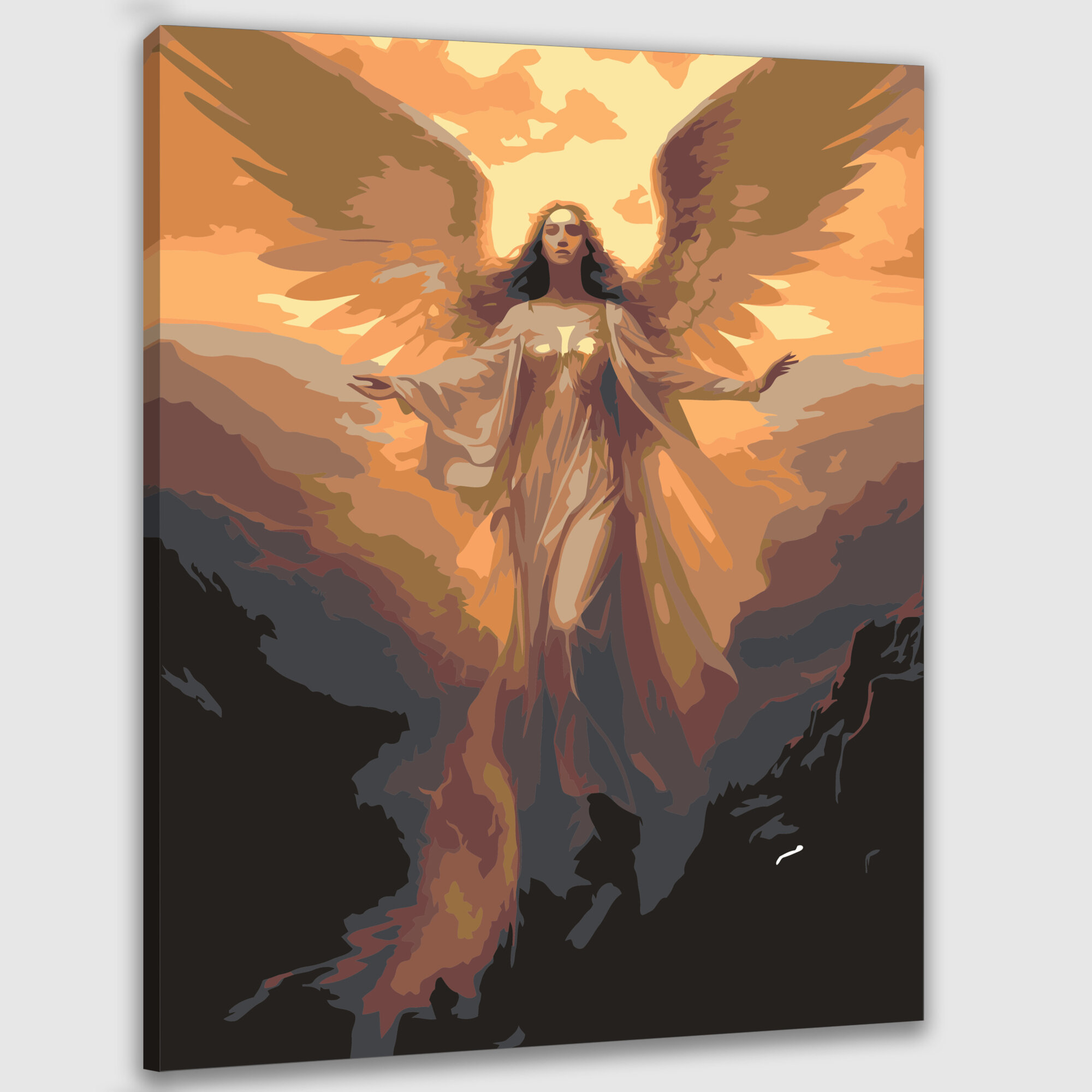 Картина по номерам 40x50 см, картина маслом, ангел, горная вершина, крылья, золотистые оттенки, восход солнца