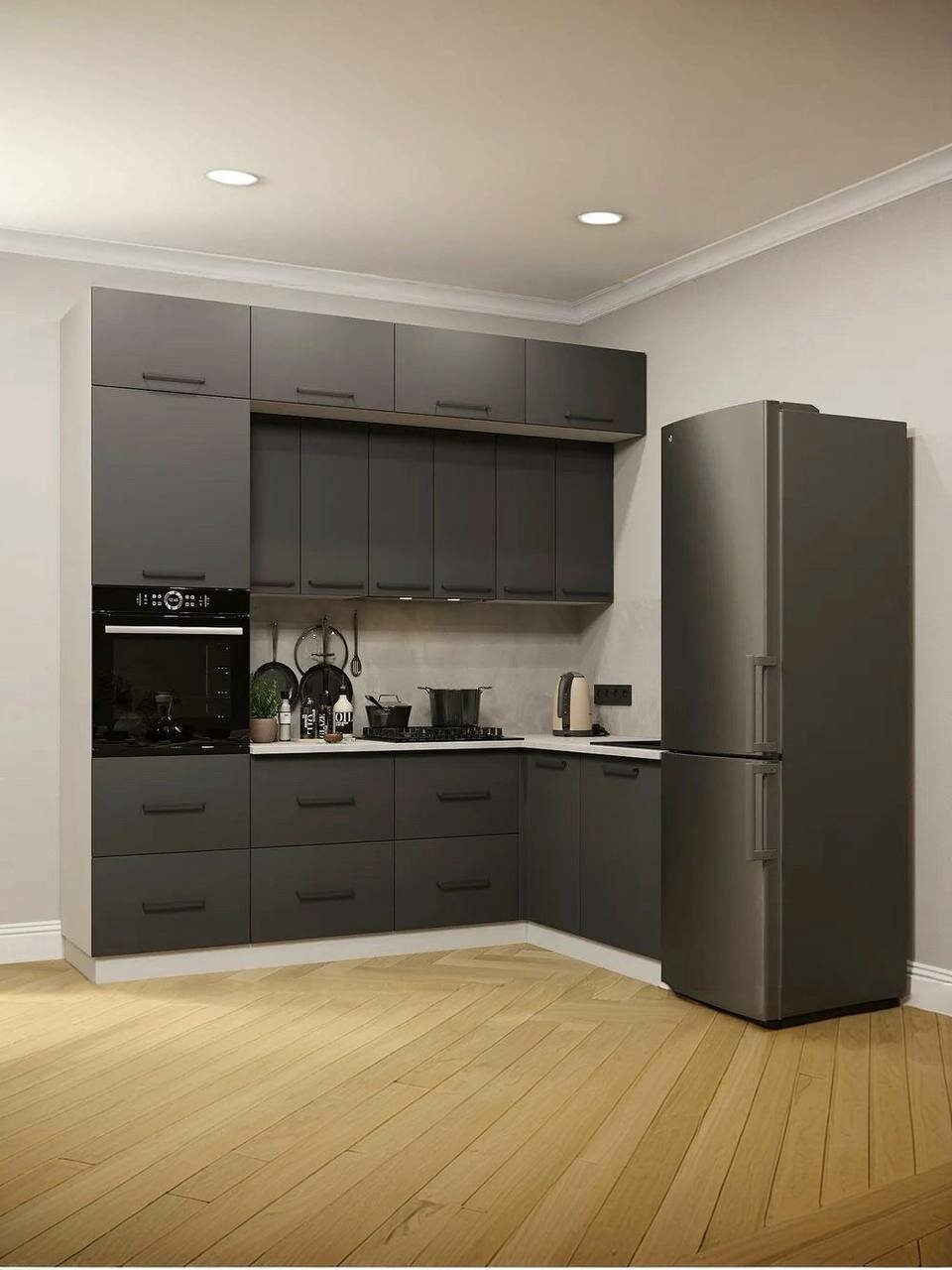 Модульная кухня угловая ЛДСП 2,4х1,6м графит со столешницей и пеналом под духовой шкаф мебельный РАЙ У2.4