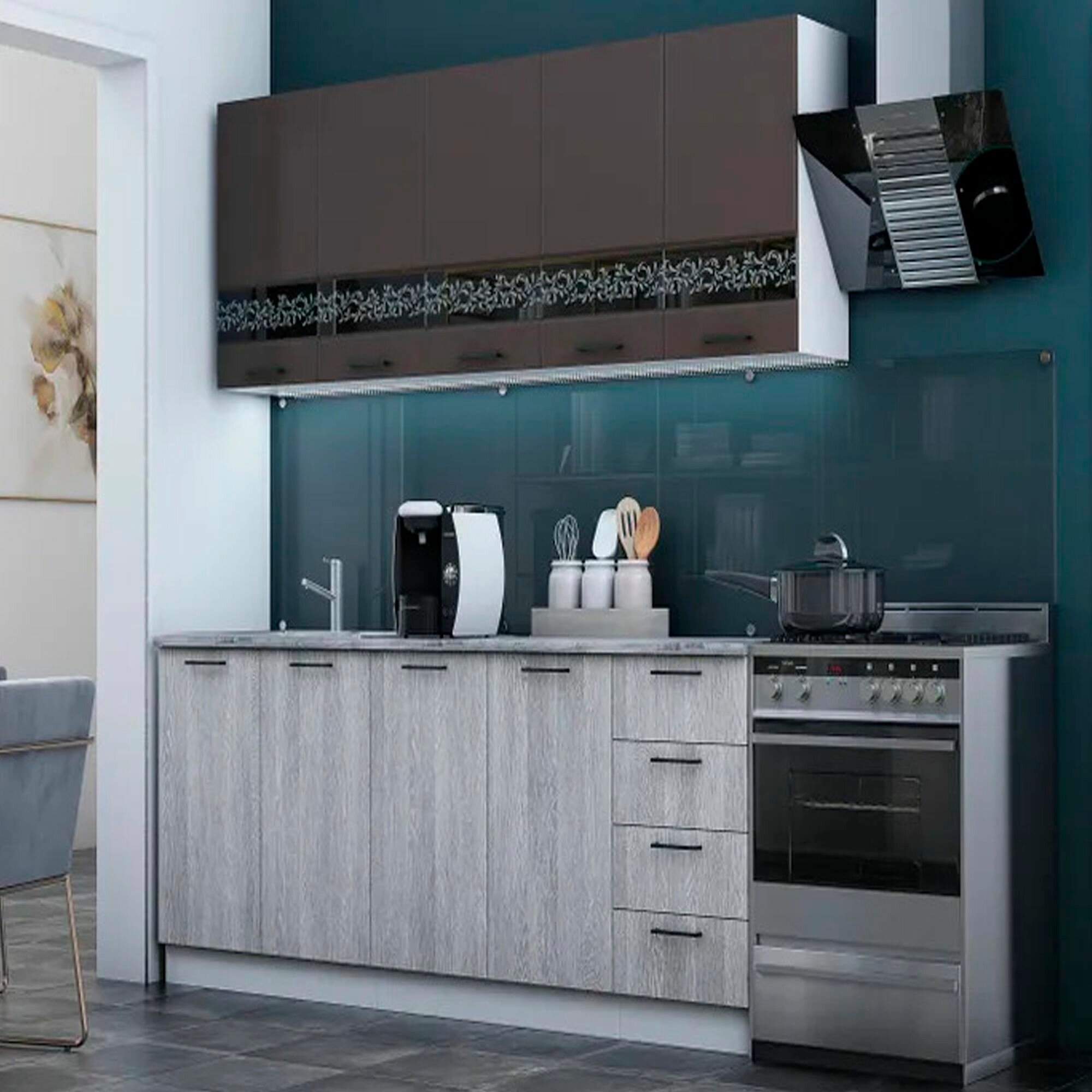 Кухня Милена 2000х600 Смоки софт / Вяз, для кухни, для дома, с полками и выдвижными ящиками