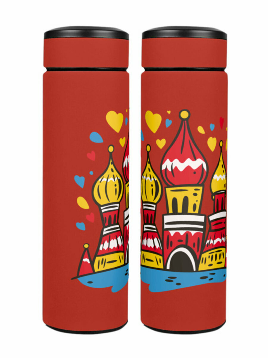 Термос «Москва, Россия, Храм Василия Блаженного, Кремль» (красный)