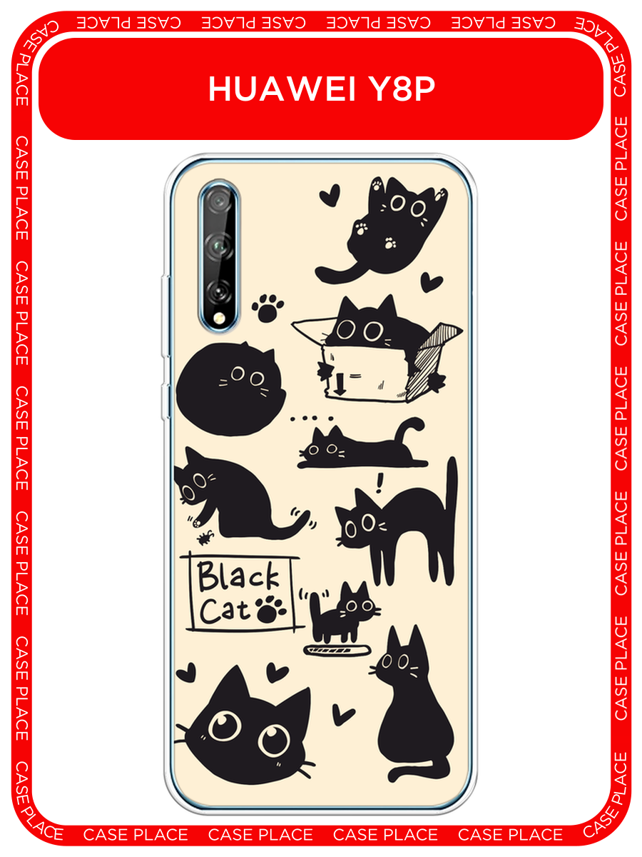 Чехол на Huawei Y8p/P Smart S / Хуавей Y8p/P Smart S с принтом Чёрный котик рисунки