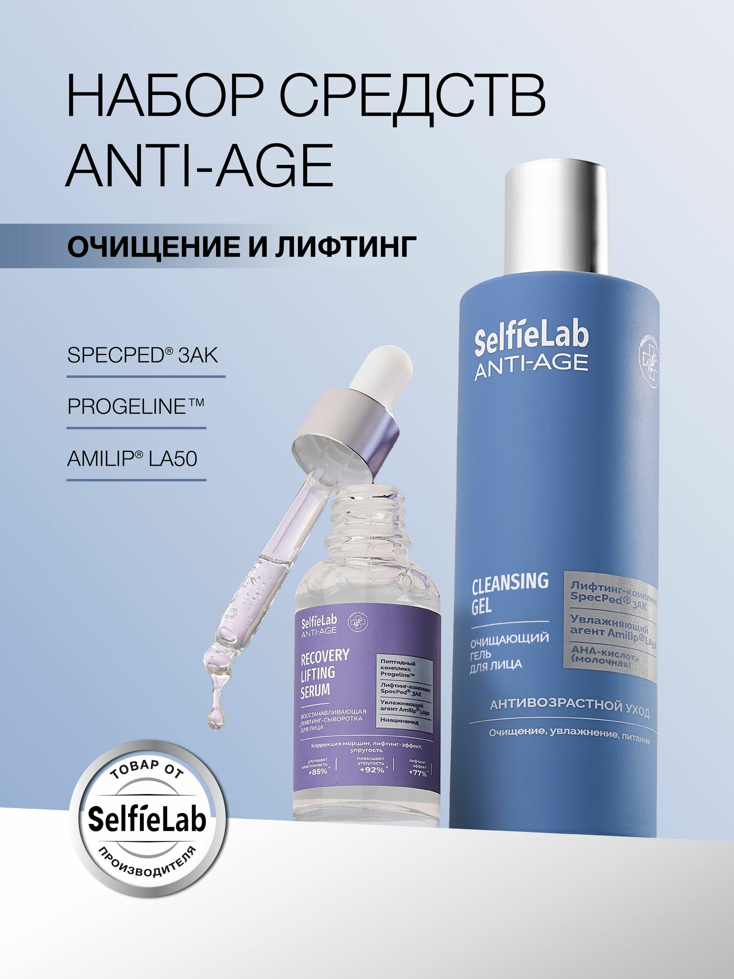 Набор Очищающий гель для лица 200 мл Восстанавливающая лифтинг-сыворотка для лица 30 мл