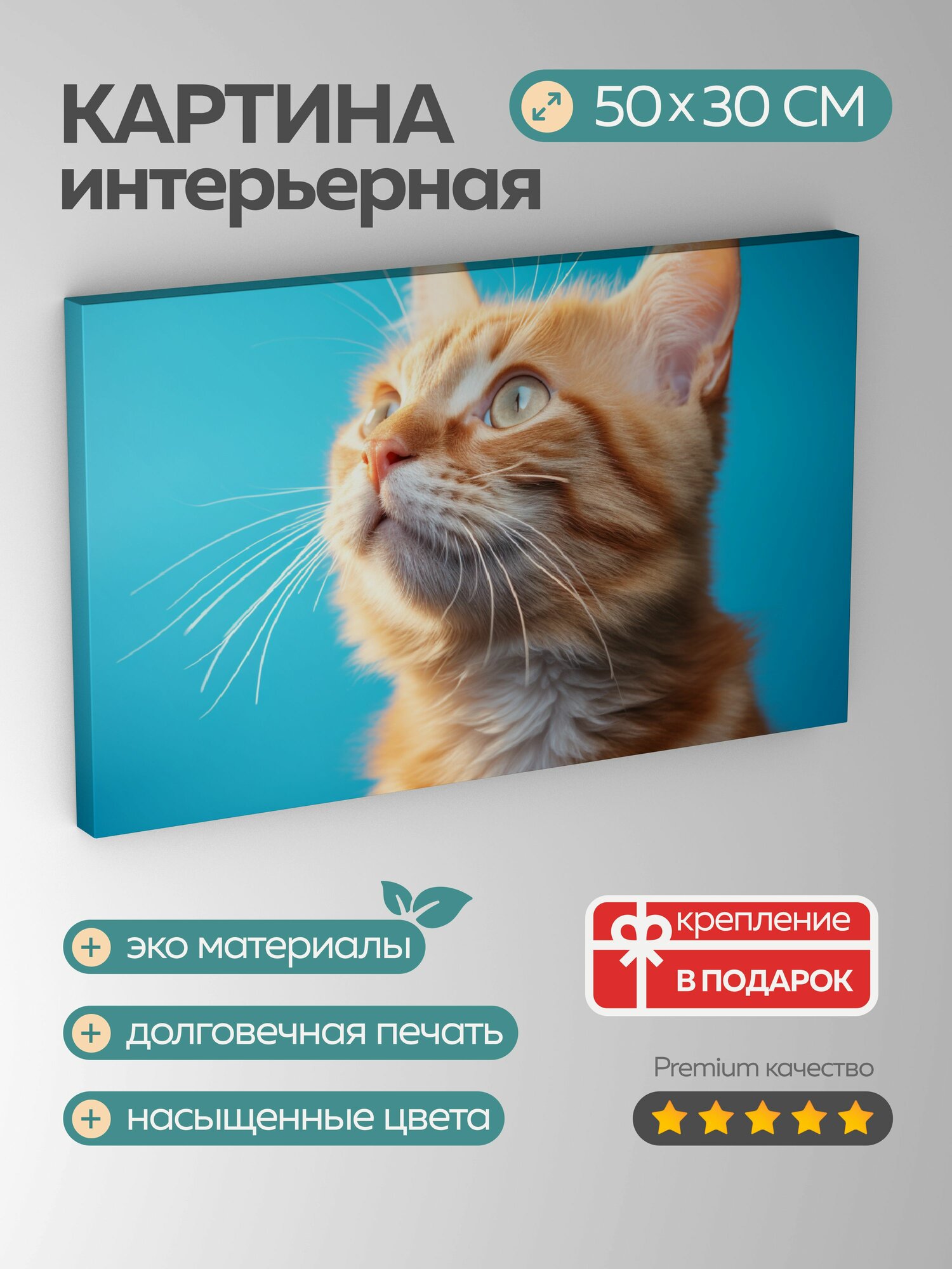 Картина на холсте интерьерная 50х30 см, рыжий кот, блестящая шерсть, высокое разрешение, ярко-синий фон, масштаб 5:3