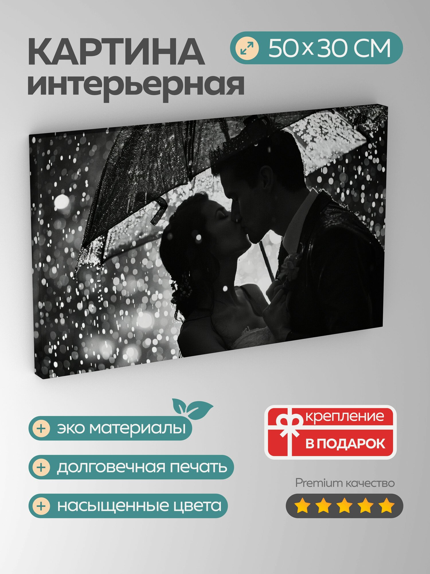 Картина на холсте интерьерная 50х30 см, черно-белая фотография, пара, целование под дождем, зонтики, сила момента