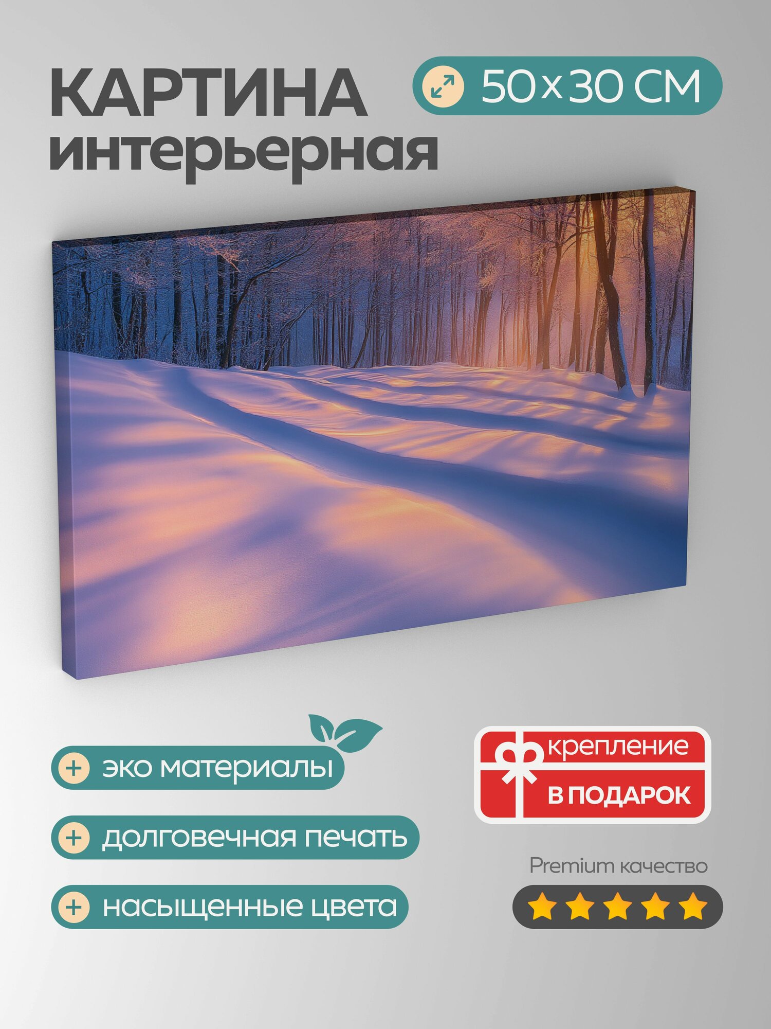 Картина на холсте интерьерная 50х30 см, зимний лес, мороз, рассвет, солнечные лучи, тени, заснеженная земля, красота, f