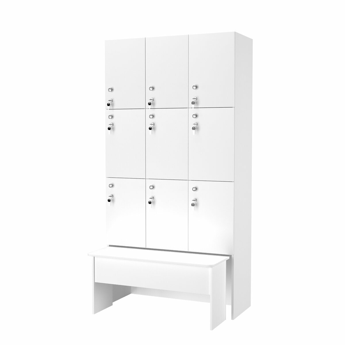 Шкаф для раздевалок с задвижной скамейкой комбо-трио №3-2, Белый