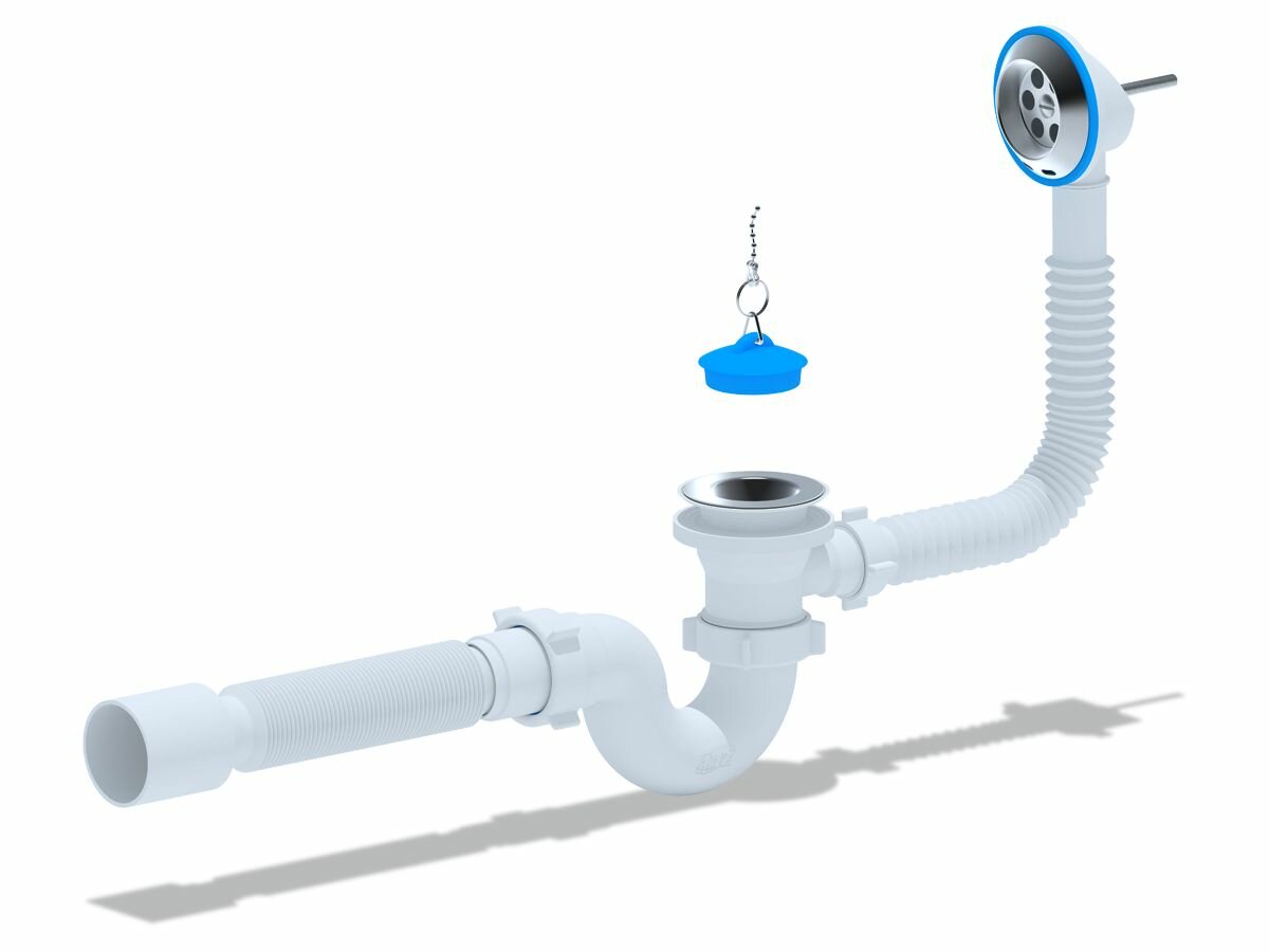 Сифон для ванны с выпуском 1 1/2 и переливом с гофрированной трубой 40*50